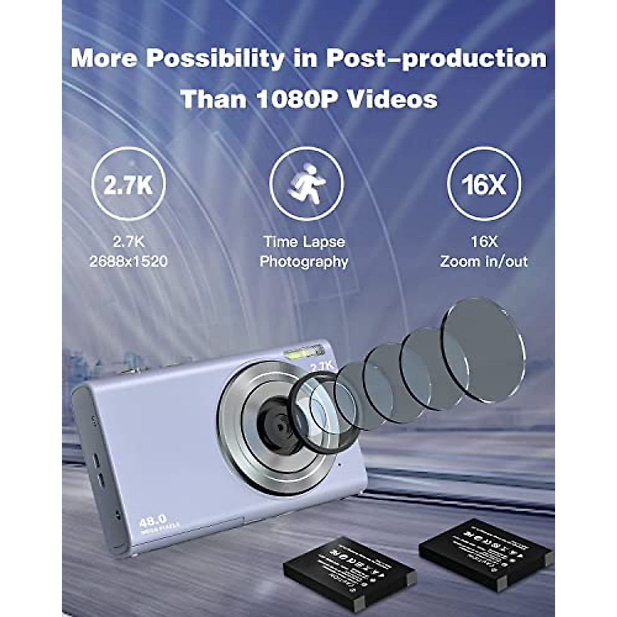 Digital Cameras for Photography Digital Camera Autofocus, 2.7K 48MP Teenager Camera with 2.8" Large Screen, 16X Zoom and 32GB Card, Compact Camera Take Macro Photos, Stylish Portable Camera for Teens