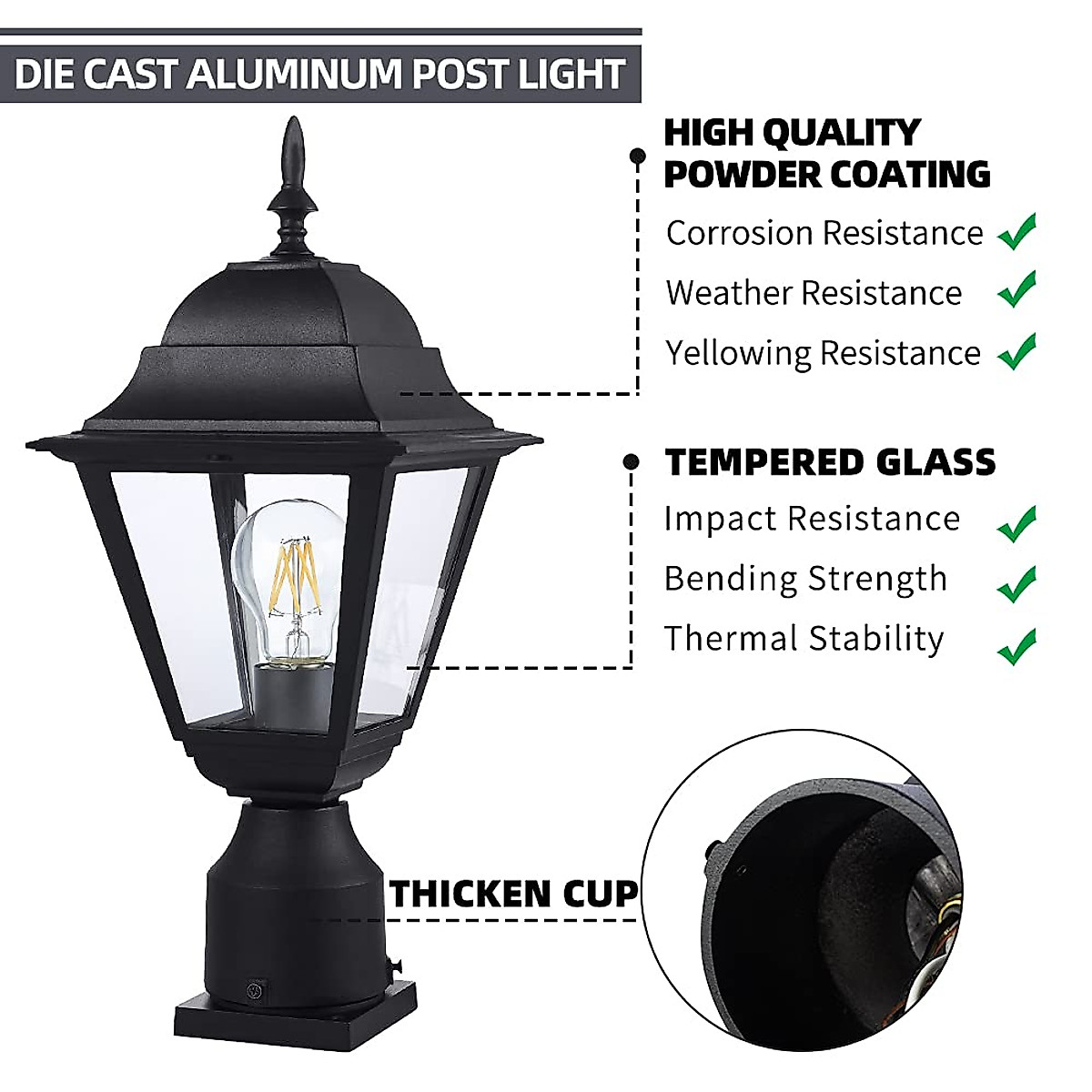 Windben Outdoor Post Light,Lamp Post Light Fixture,Post Lantern with Pier Mount Base,Matte Black,7.4in,Suitable for Gardens,Yards,Balconies,Passages or Entrances,etc