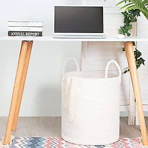 MINTWOOD Design Large 18 x 16 Inches Decorative Woven Cotton Rope Basket, Tall Laundry Basket Hamper, Blanket Basket for Living Room, Storage Baskets for Toys, Towel, Throw, Pillow, Creamy White