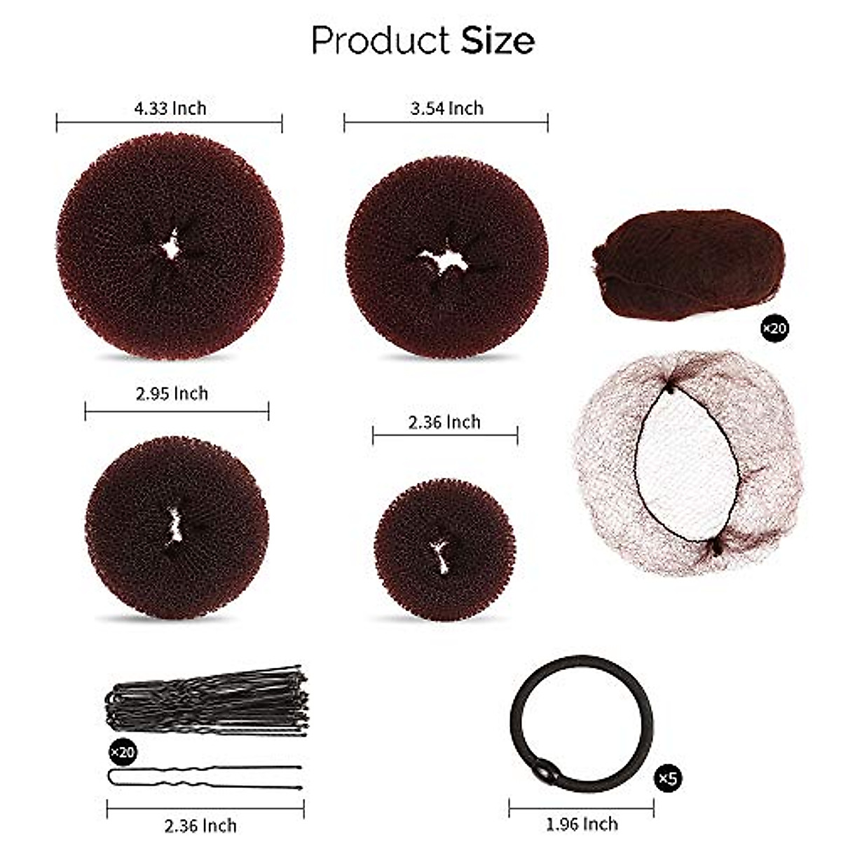 FANDAMEI Hair Accessory Set: 20 Invisible Nets, 4 Donut Makers, 5 Elastics, 20 Bobby Pins (Brown)