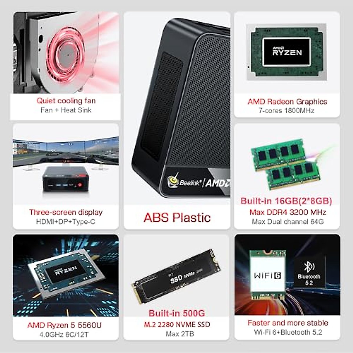 Beelink SER5 Mini PC, Mini Computers with AMD Ryzen 5 5560U, 6C/12T, 16G DDR4+500GB NVMe M.2 2280 SSD, 1000Mbps, WiFi 6, BT 5.2, DP, HDMI, Type-C