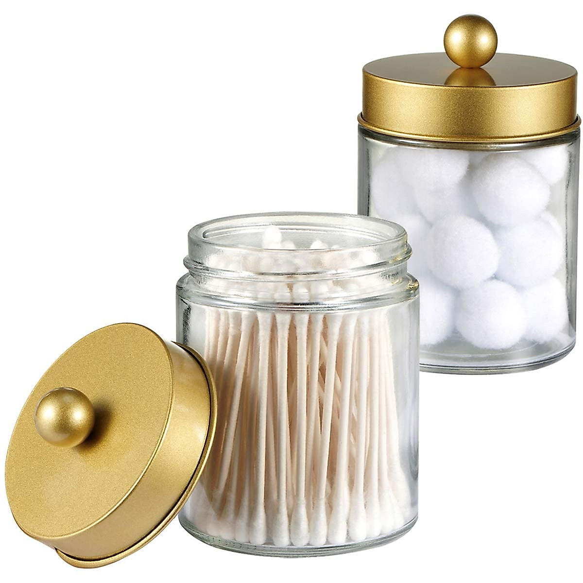 Amolliar Apothecary Jars Bathroom Storage Organizer -Countertop Storage Organizer Canister Jar - Cute Qtip Dispenser Holder Glass with Lid- for Cotton Swabs,Bath Salts,Hair Band / 2-Pack(Gold)