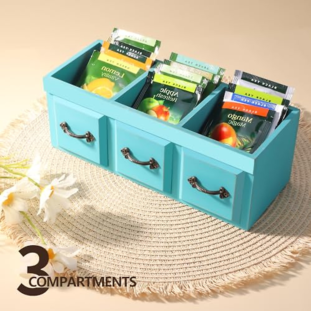 Wood Kitchen Storage Box for Storing Tableware Seasoning Tea Bags Coffee Bags Snacks Candy 3 Separate Parts of Wooden Pencil Pen Holder for Home Office Study Organizer Decoration (Blue)