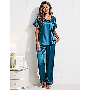 Ekouaer Women's Satin Silky Pajama Set Short Sleeve T Shirt with Long Pant Pj Set Two Piece Pj Loungewear Blue