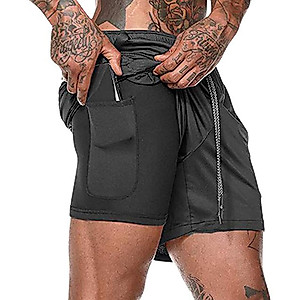 HANERDUN Men 2 in 1 Workout Running Athletic Shorts Sport Pants with Pocket Black