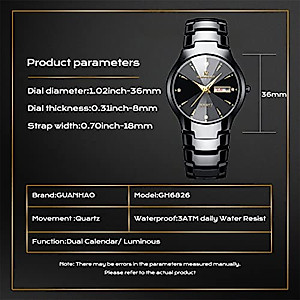 GUANHAO Ceramic Watches for Men, Black Business Men's Wristwatches with Calendar and Weeks, Quartz Watches with Ceramic Band Diamond Dial for Male Luminous Hands