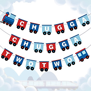 Chugga Chugga Two Two Banner, Train Happy Birthday Garland, Choo Choo Im Two Party Supplies, Railroad Birthday Party Decorations for Boys Train Theme 2nd Party Decor