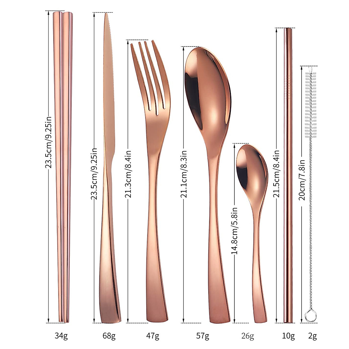 MURRI&MURRDI 7 Pieces Reusable Utensils Set with Case Portable Cutlery Set Stainless Steel Travel Utensils Including Knife Fork Spoon Chopsticks Straws Brush,Dishwasher Safe(7 Rose golden)