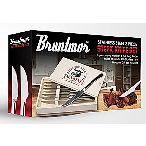 Bruntmor, ALBA Gourmet Stainless Steel 8-piece Steak Knife set with Full Tang Blades, Wooden Gift Box