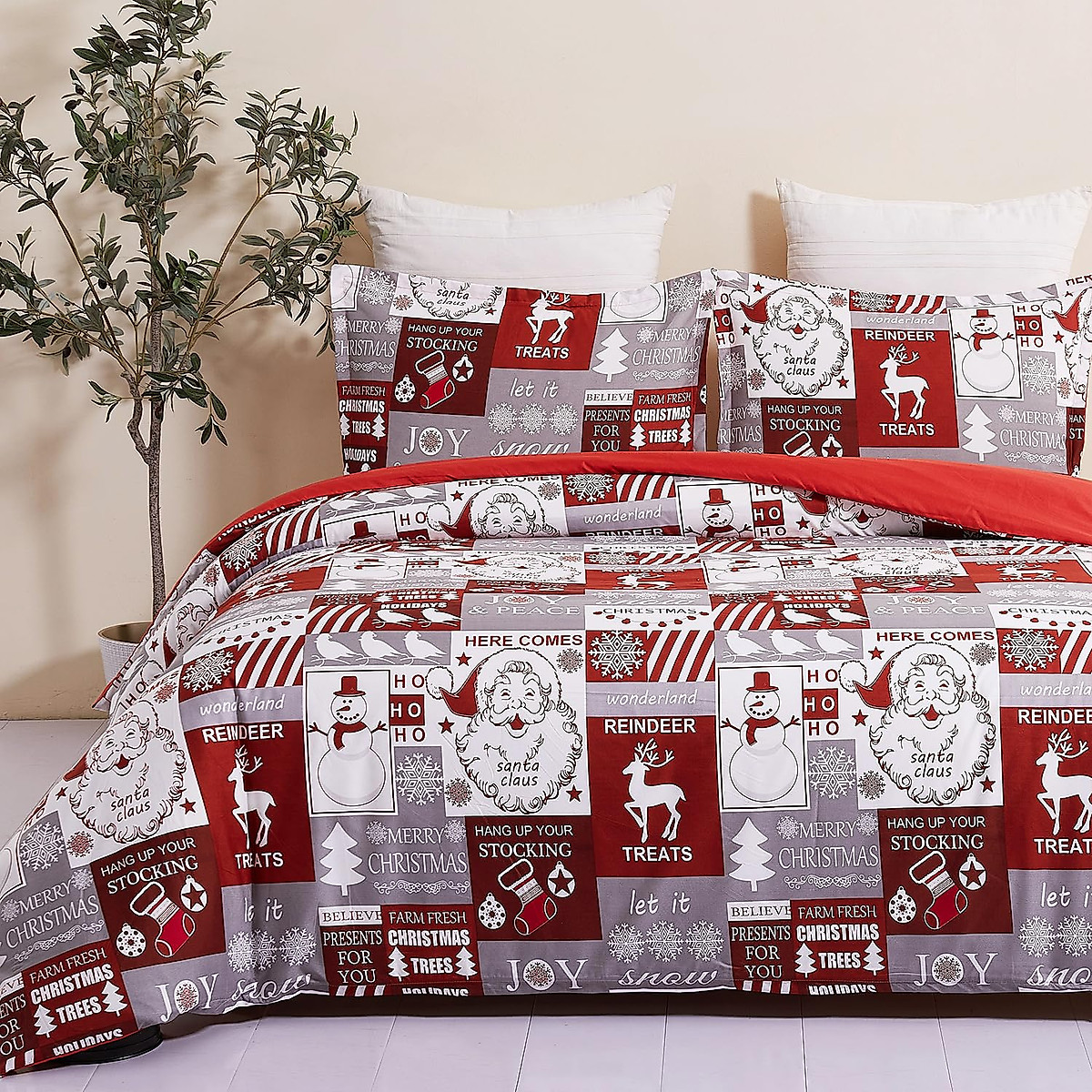 Vaulia Soft Microfiber Duvet Cover Set, Snowflake Pattern Christmas Holidays, Reversible Pattern Design White/Red Santa, King Size 3-Piece Set (1 Duvet Cover 2 Pillow Shams)