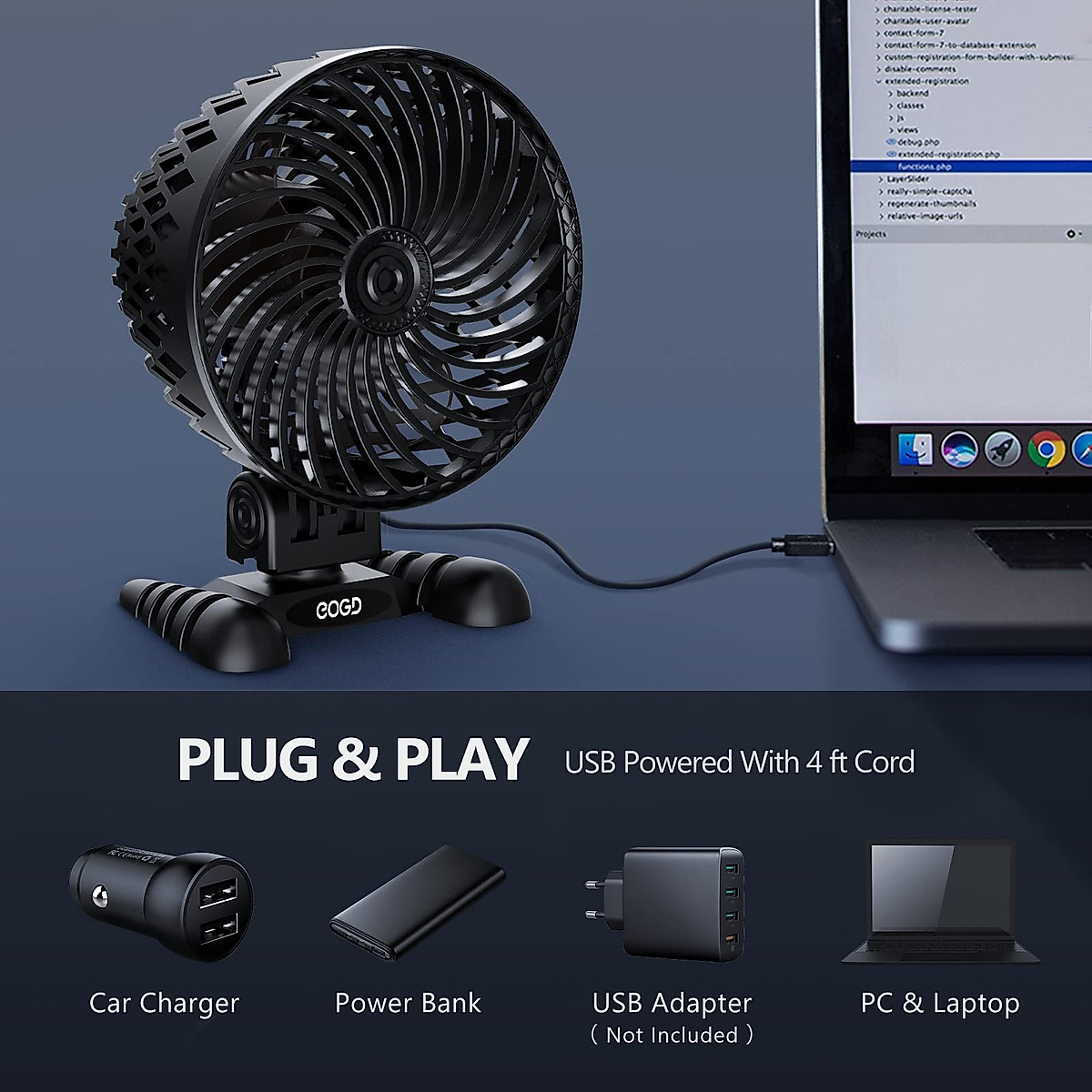 EOGD 2022 Newest USB Desk Fan with Stepless Speed Control, 4.2" Desk Fans Small Quiet Personal Fan with Strong Wind Up To 12MPH, 360° Rotatable Mini Table Fan With Removable Fan Guard (Grey)