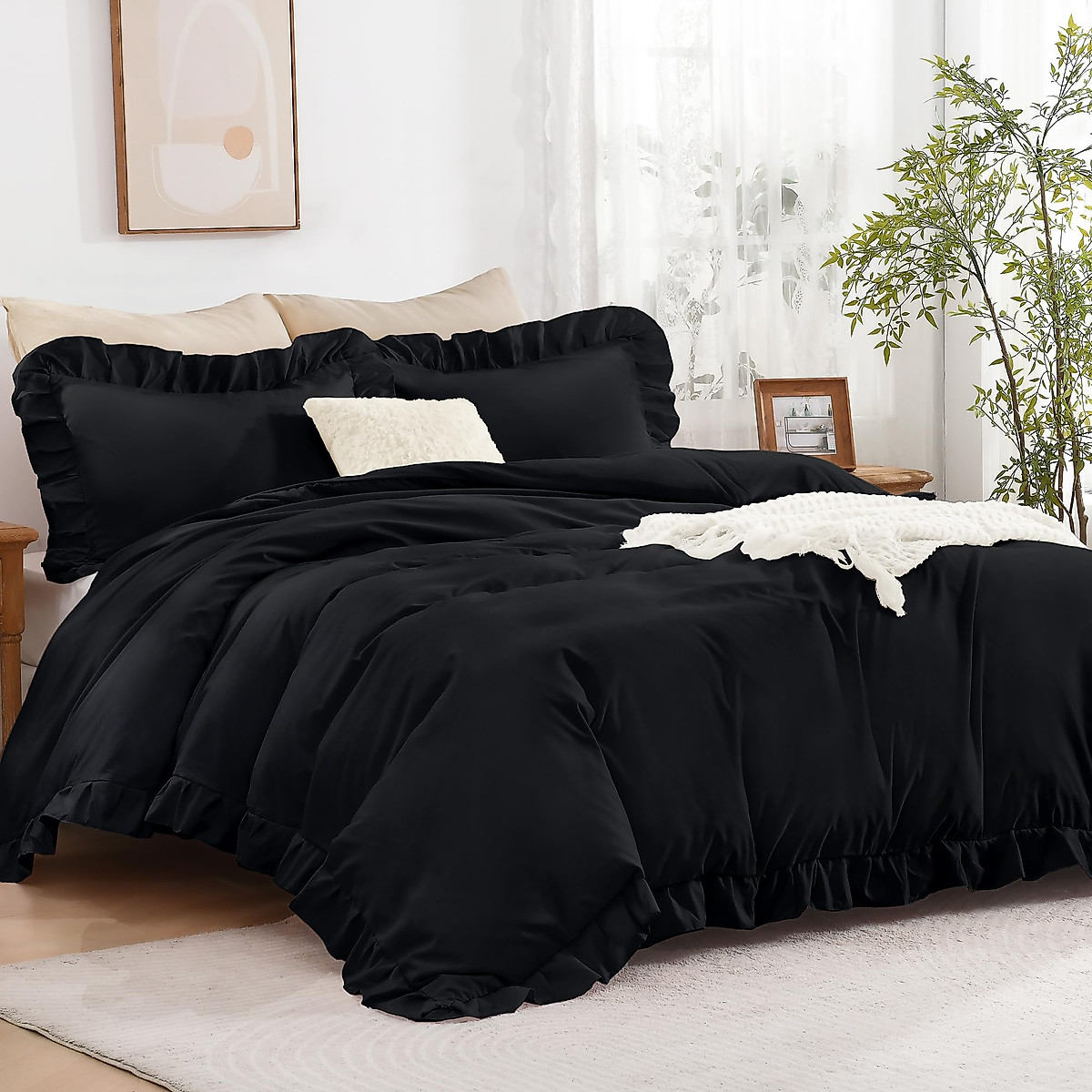Andency Black Duvet Cover Queen Size, 3 Pieces Ruffle Duvet Cover Set, Soft Microfiber Queen Duvet Cover Bedding Set with Zipper Closure