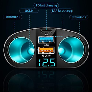 Car Cigarette Lighter Splitter, 2-Socket Cigarette Lighter Adapter with LED Voltmeter, Dual USB QC3.0 Type-C 20W PD Fast Car Charger, 12V/24V Car Splitter Adapter for Smart Phone GPS Dash Cam