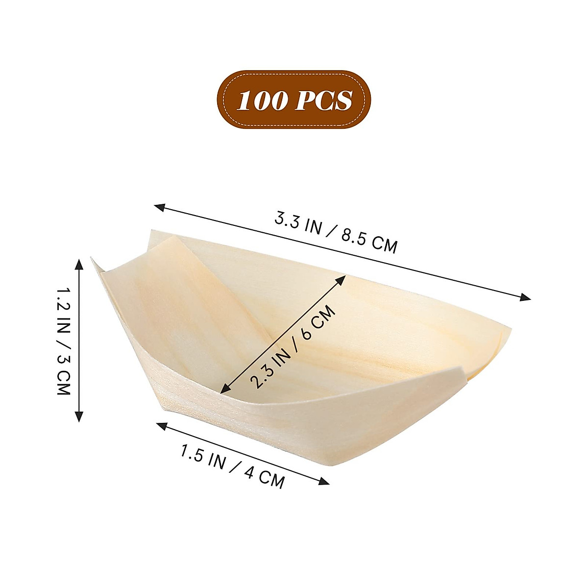 DOITOOL 100 Pack Disposable Wood Boat Plates Dishes, Appetizer Sushi Boats Wooden Boat Serving Tray for Restaurants, Caterers and Food Trucks (3.3L×2.3W×1.2H)