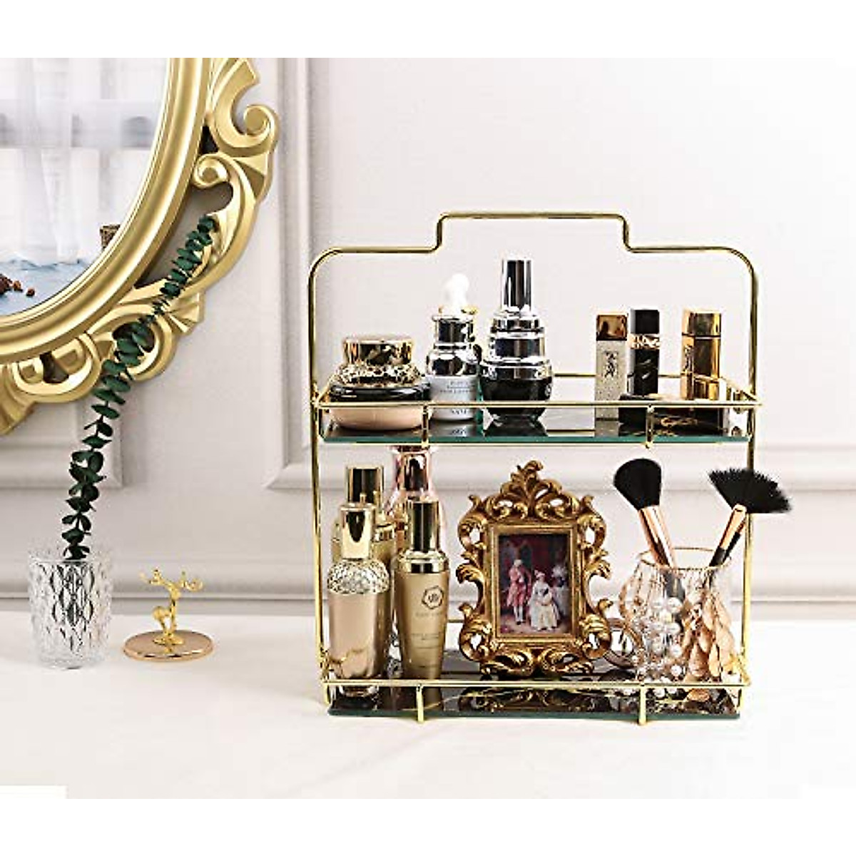 Simmer Stone Makeup Organizer Shelf, 2 Tier Cosmetic Storage Basket with Removable Glass Tray, Wire Vanity Organizer Rack for Dresser, Countertop, Bathroom and More, Gold