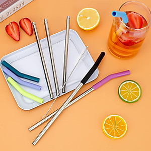 Sursip Set of 6 reusable stainless steel straws with silicone, 8mm Wide Straws for Smoothies Shakes,6 Steel Straws,6 Silicone Tips,1 Straw Cleaning Brush,Removable and easy to clean