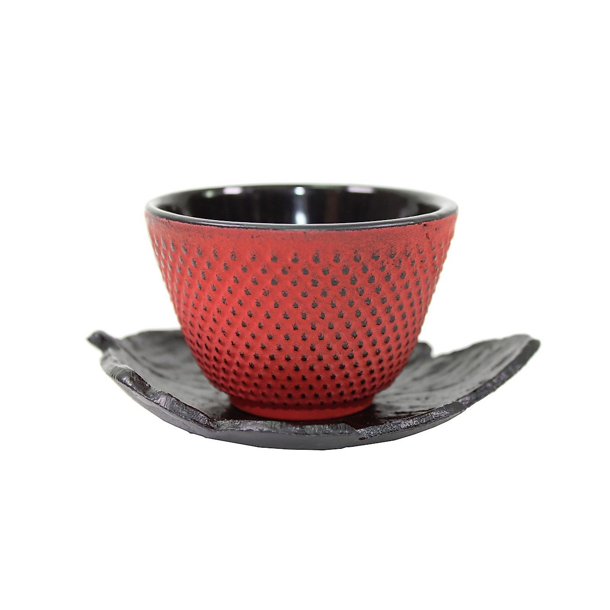 2 Sado Black Leaf Teacup Saucer+2 Red Polka Dot Hobnail Japanese Cast Iron Tea Cup Teacup