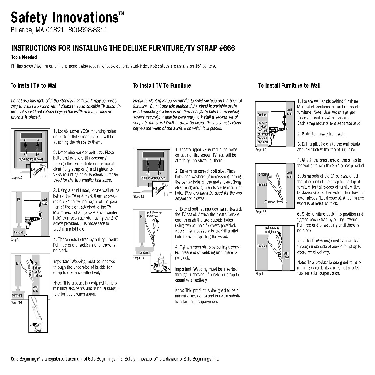 Safety Innovations Heavy Duty TV and Furniture Straps - Baby Proofing Anti Tip Straps for Child and Baby Safety - Expert Designed Strap Anchors Furniture to Walls to Prevent Tip-Overs 2Pk (Black)