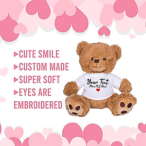 TeesAndTankYou Custom Teddy Bear 8 Inch with Custom Text, Personalized Gift for Anniversary, Graduation, Brown Stuffed Animal White Shirt YT