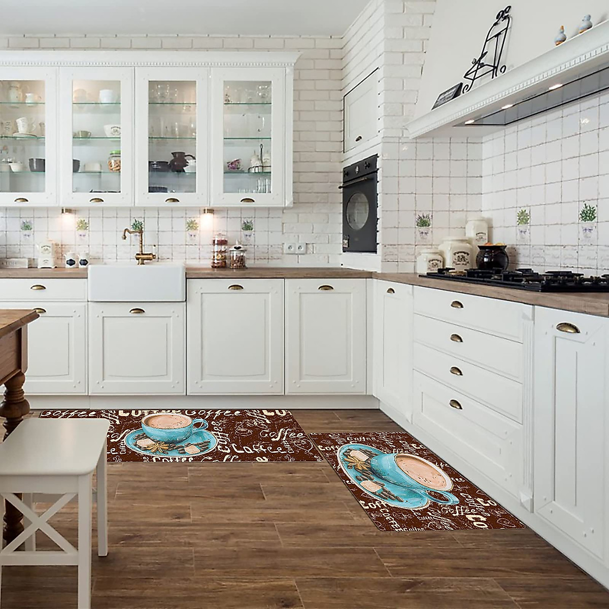 Coffee Kitchen Rugs Set 2 Piece 18x30in+18x47.2in, Non-Slip Kitchen Mats Set Rubber Backing Indoor Entry Door Mat Carpets - Vintage Blue Coffee Cup Beans Sugar Lump Brown