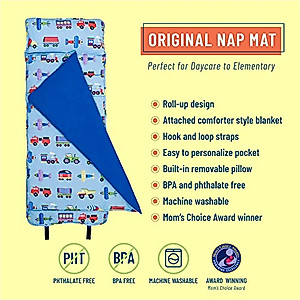 Wildkin Original Nap Mat with Reusable Pillow for Boys & Girls, Perfect for Elementary Daycare Sleepovers, Features Hook & Loop Fastener, Cotton Blend Materials Nap Mat (Trains, Planes, and Trucks)