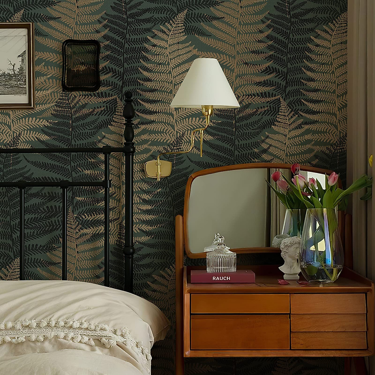 JiffDiff Botanical Fern Wallpaper Peel and Stick Leaf Wallpaper Green Grunge Ferns Removable Wallpaper Botanical Greenery Wallpaper Self Adhesive 17.73" x 393.7" Covering 47.36 sq.ft