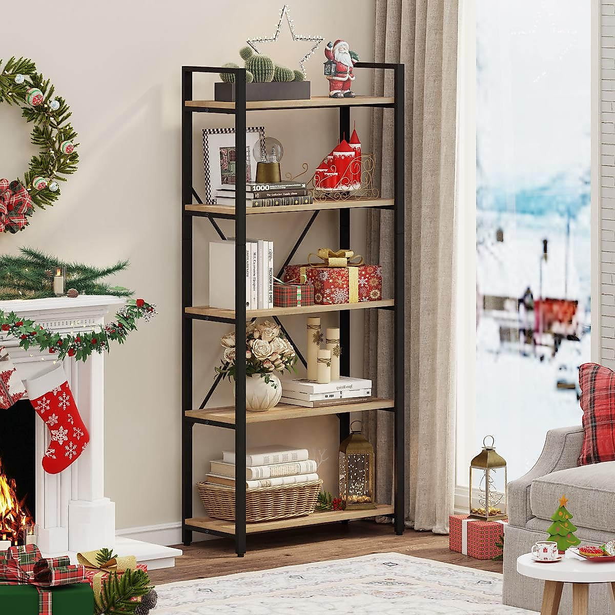 FATORRI 5 Tier Bookshelf, Industrial Wood and Metal Book Shelves for Display, Tall Etagere Bookcase and Rustic Shelving Unit (Rustic Oak)