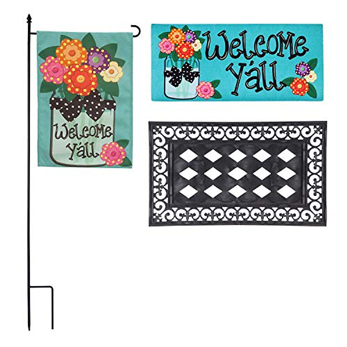 Evergreen Indoor Outdoor Welcome Y'all Bundle Set of 4 - Garden Flag Stand and Flag, Sassafras Doormat Frame and Sassafras Insert