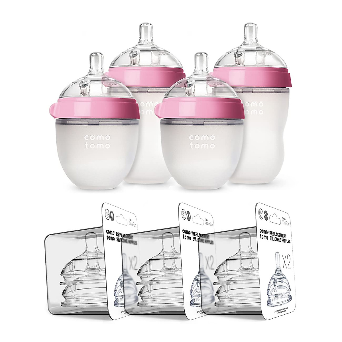 Comotomo Baby Bottle Bundle, Pink, (7 Piece Set)
