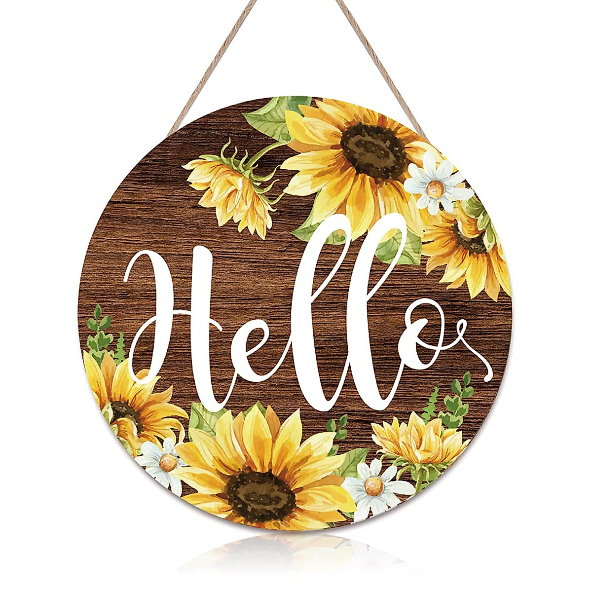 CHDITB Sunflower Welcome Sign Wreath (12''x12''), Rustic Wooden Hello Front Door Decoration Wall Hanging, Round Sunflower Wreaths for Front Door Home Office Farmhouse