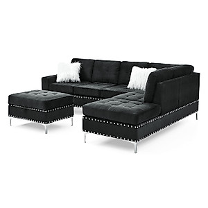 Melpomene L Shaped Sectional Couches Reversible for Small Living Room, Sofa Set in Black Smooth Velvet with Storage Ottoman, Reversible Chaise and Chrome Legs