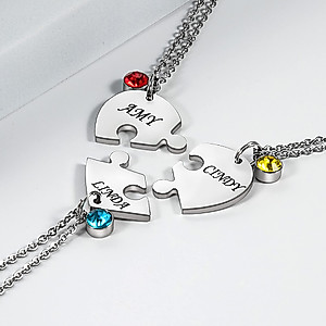 Fanery Sue Personalized Puzzle Pieces Heart Shape Necklace/Kaychain for Best Friends Family Custom Name/Date with Birthstone