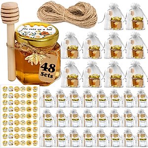Aliggbent Honey Jars,48 Pcs Mini Honey Jars Party Favors in Bulk,1.5oz Small Hexagon Glass Honey Jars with Dipper,Stickers,Gold Lid,Charm,Gift Bags and Jute,for Baby Shower,Wedding Favors(No Honey)