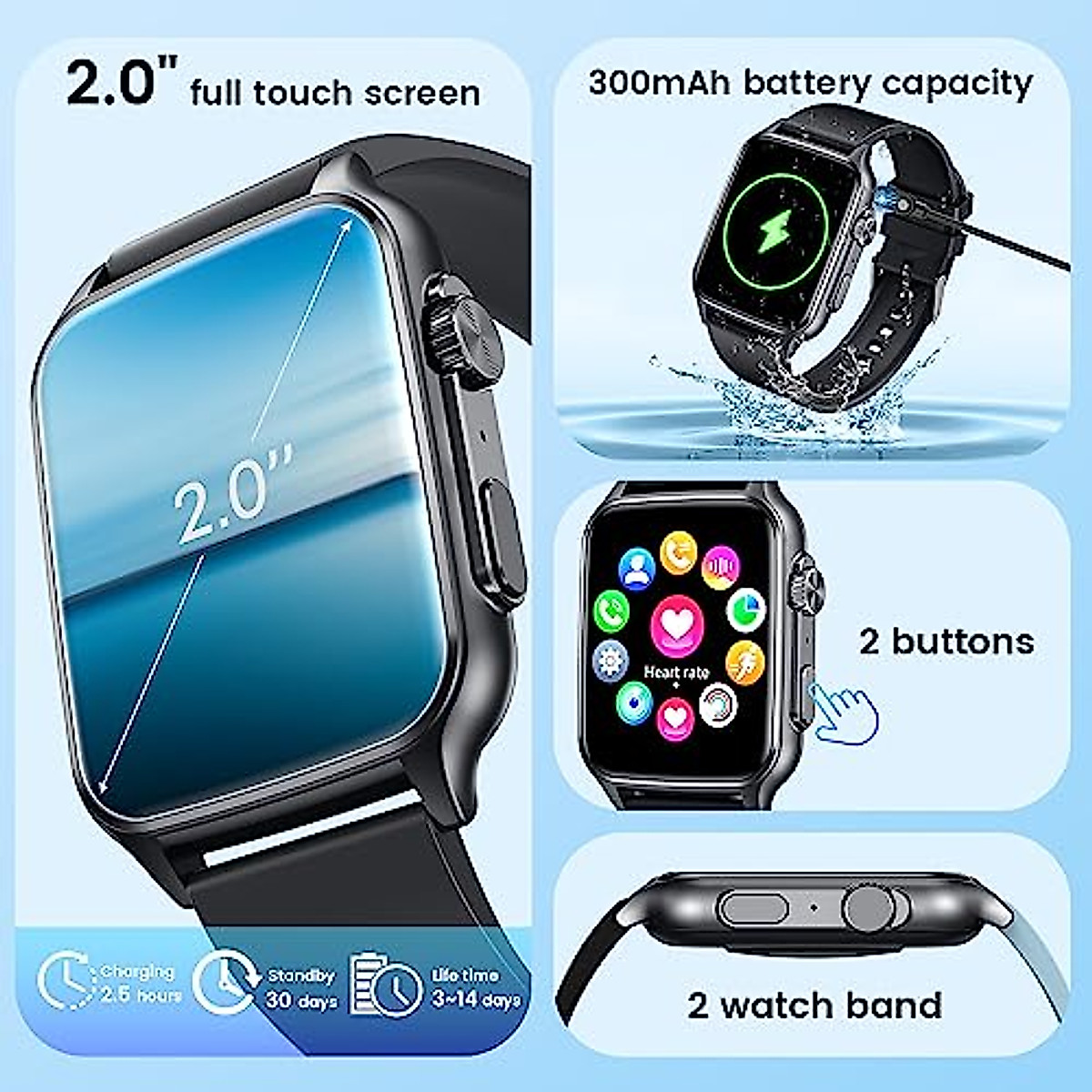 Smart Watch Men Fitness Tracker: 2.0“ Touch Screen Watches Waterproof for Call Heart Rate Blood Pressure Sleep Monitor Digital Step Sport Running Smartwatch Bluetooth Compatible Android with iOS Phone