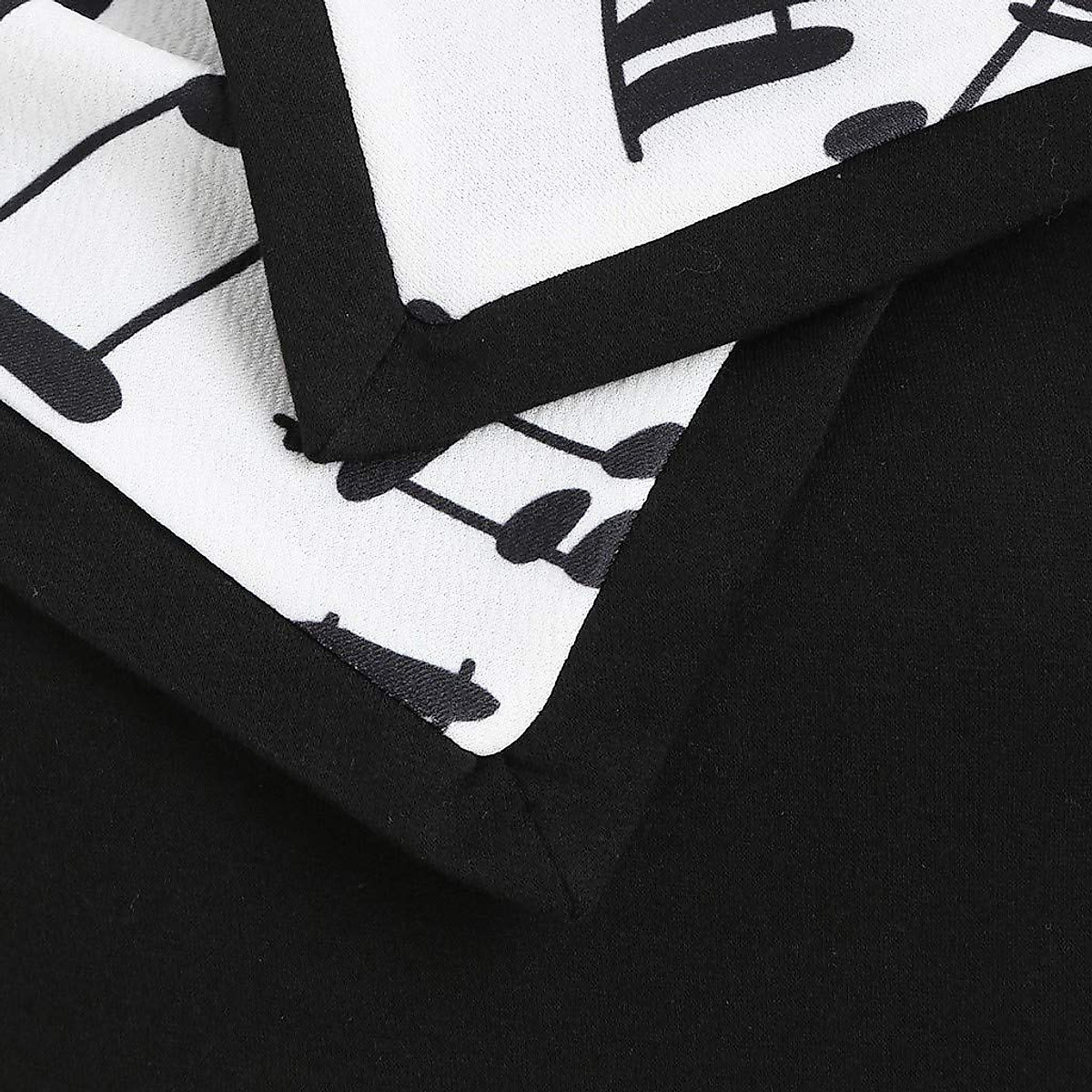 Fashion Women Solid Music Note Print Patchwork Long Sleeve T-Shirt Blouse Turtleneck Button Asymmetrical Hem Tops (Black) (L, Black)