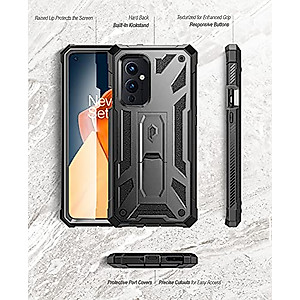 Poetic Spartan Series Designed for OnePlus 9 5G Case, Full-Body Rugged Shockproof Protective Cover with [Premium Leather Texture], Kickstand and Built-in Screen Protector, Metallic Gun Metal