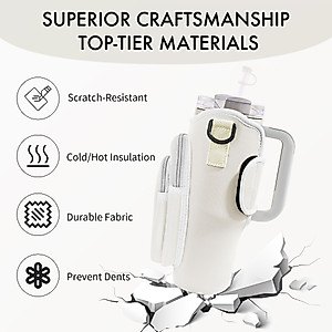 JEBEALUO Water Bottle Carrier Bag with Phone Pocket for Stanley Cup 40/30 oz, Water Bottle Holder with Adjustable Strap& Straw Cover, Stanley Cup Accessories (White)