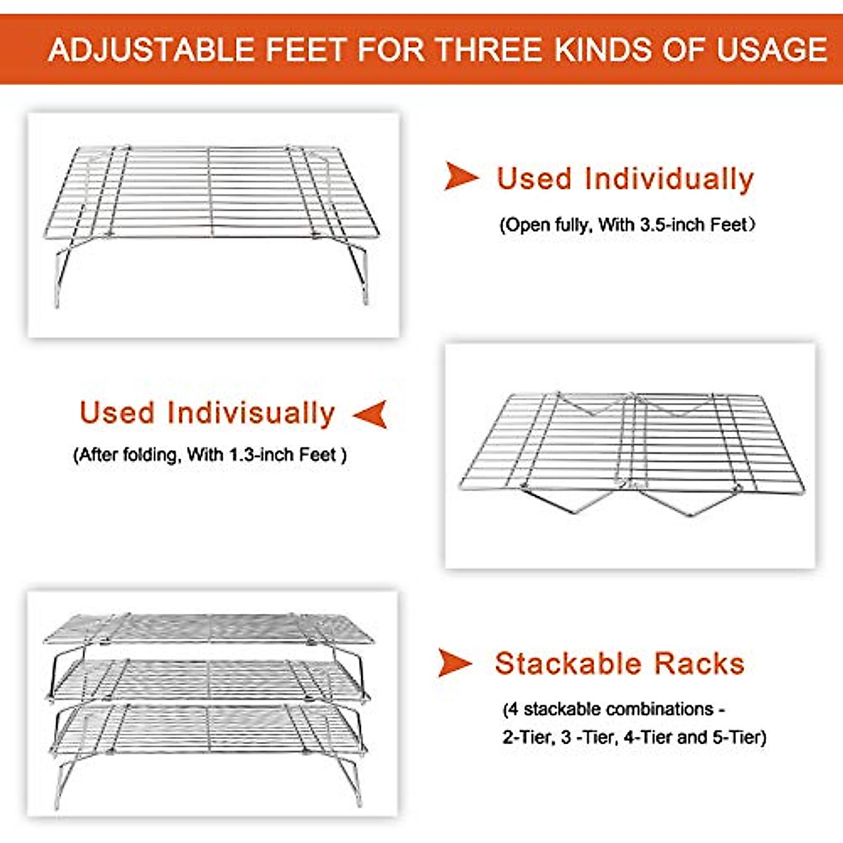 P&P CHEF Cooling Rack, 5-Tier Stainless Steel Stackable Baking Cooking Racks for Cooling Roasting Grilling, Collapsible & Heavy Duty, Oven & Dishwasher Safe - 15’’x10’’