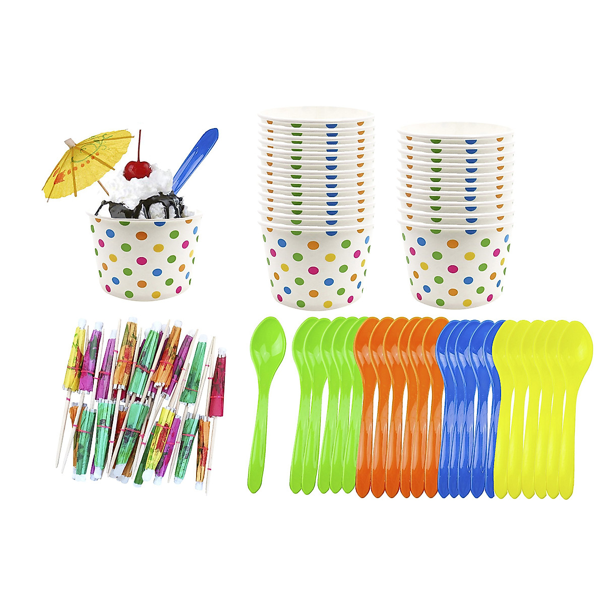 8 Ounce Polka Dot Paper Ice Cream Cups - Plastic Spoons - Paper Umbrellas - Blue Orange Yellow Green - Ice Cream Sunddae Kit for 24