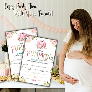 Ketsord 20 Baby Shower Invitations & Thank You Stickers - A Little Pumpkin Is On Her Way Invites, Envelopes And Adhesive Round Thank You Stickers, Gender Reveal, Baby Announcement Party Favor (A07)