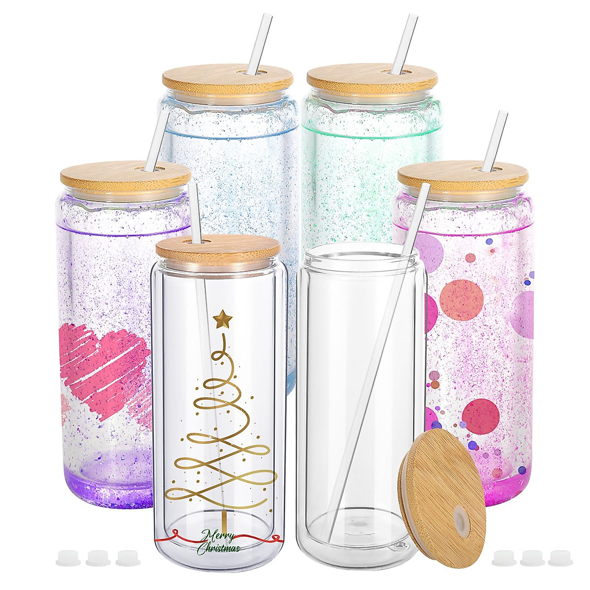 YOUKE OLA 6 Pack Pre Drilled Beer Glass Can Shaped Blank Double Wall Glass Cans with Rubber Stopper Bamboo Lid & Glass Straws for Snow Globe Glitter DIY 16oz