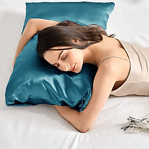 King Satin Pillowcase for Hair and Skin, King Silk Pillowcase 2 Pack, King Size Silk Pillowcase Set of 2 with Envelope Closure, Teal 20x36 inches & 2 Scrunchies by CJ&J HOME