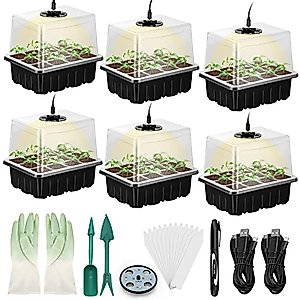Lunies 6 Packs Seed Starter Trays with Grow Light, Seeding Starter Tray with Adjustable Humidity Dome, Base Indoor Greenhouse Germination Kit for Seed Growing Starting(12 Cells per Tray, Black)