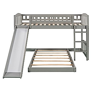 Tidyard Twin Over Twin Bunk Bed with Slide and Ladder, Wood Bed Gray for Bedroom Dorm Guest Room Home Furniture