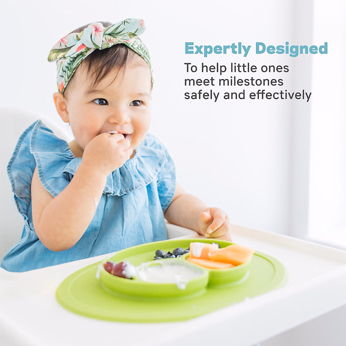 ezpz Mini Mat for 12 Months+ (Lime) - 100% Silicone Baby Plates with Suction and Built-in Placemat for Infants + Toddlers - Baby Led Weaning - for Highchair, Dining Table and Travel