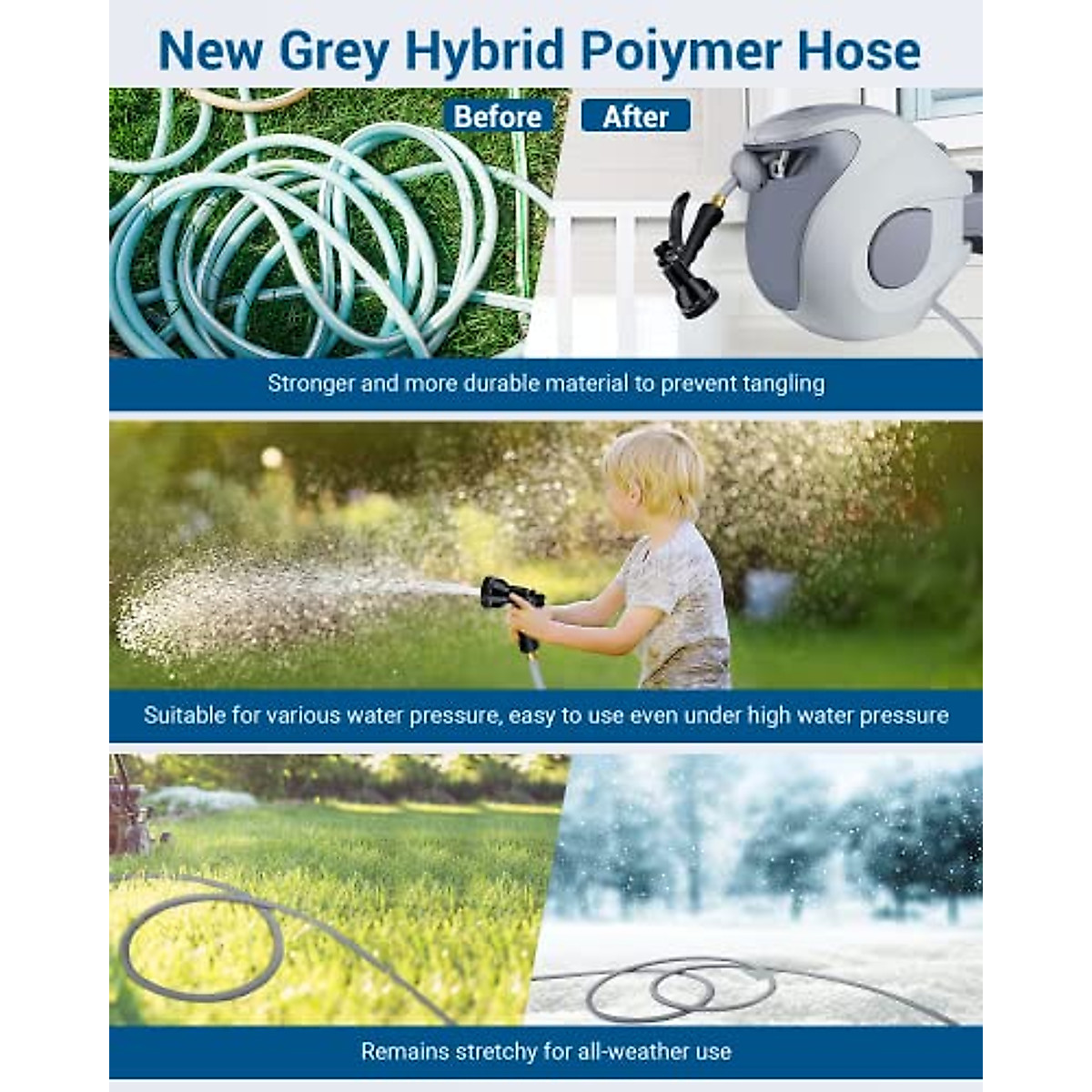 DEWENWILS Retractable Garden Hose Reel, 1/2"×100ft Wall Mount Hose Reel, with 7-Pattern Spray Nozzle, Any Length Lock, 180°Swivel Bracket, Auto Rewind Hybrid Water Hose Reel for Outdoor Watering