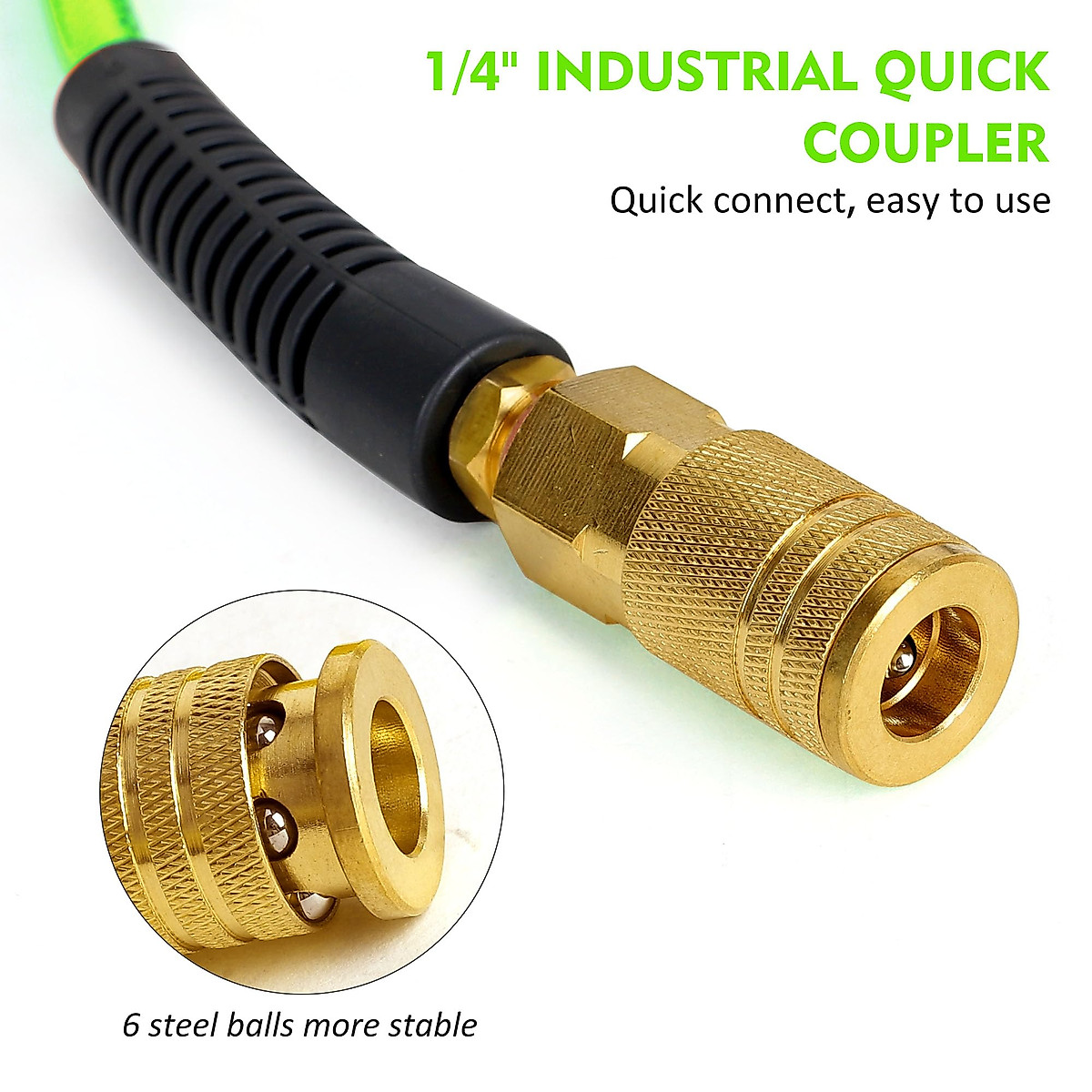 FYPower Air Compressor Hose 1/4 Inch x 100 Feet Reinforced Polyurethane (PU) Air Hose with Fittings, Bend Restrictors, 1/4" Industrial Quick Coupler and Plug Kit, Green