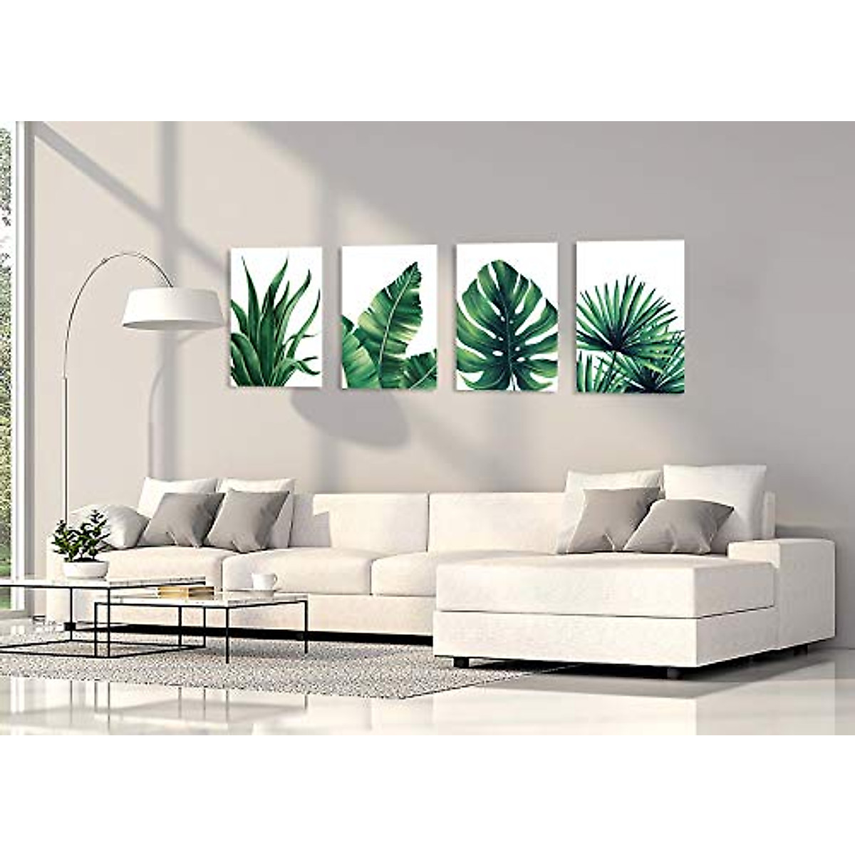 Botanical Prints Wall Art for Bathrooms Canvas Green Leaf Framed Green Plant Wall Art Pictures (12" x 16") Posters Fall Pictures Boho Sage Green Leaf for Bathrooms, 4 Pieces Tropical Plants Pictures Minimalist Greenery Watercolor Painting, Palm Banana Mon