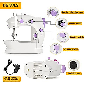 Mini Sewing Machine Dual Speed Portable Sewing Machine with Extension Table Foot Pedal Household Electric Small Sewing Machine for Beginner Kids Women Fabrics Clothing Home Travel - Purple