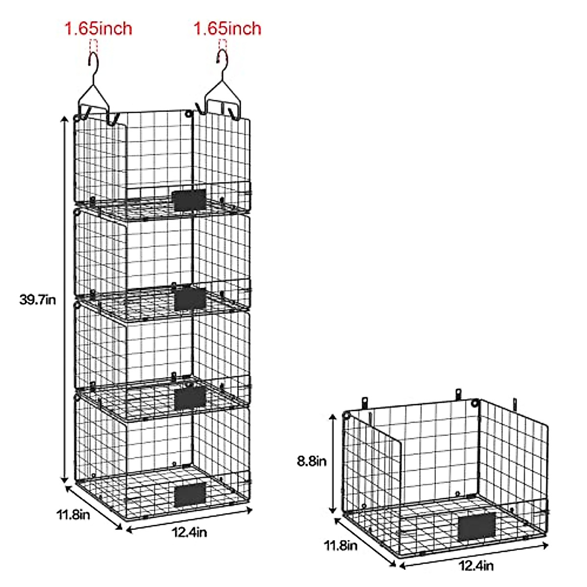 Jautokerdar 4 Tiers Hanging Closet Shelves-Clothes Haning Organizer with Name Plate S Hooks, Wall Mount&Cabinet Wire Storage Basket Bins, for Clothing Sweaters Shoes Handbags Clutches Accessories